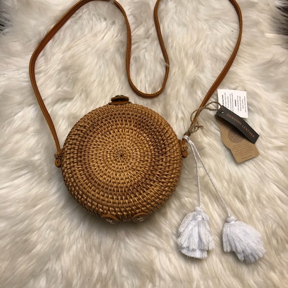 Hand Crafted | Bags | Nwt Handcrafted Leather Woven Rattan Circle Purse ...